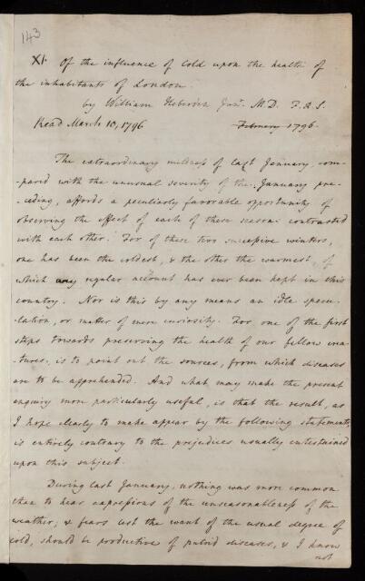 Paper, 'Of the influence of cold upon the heath of the inhabitants of ...