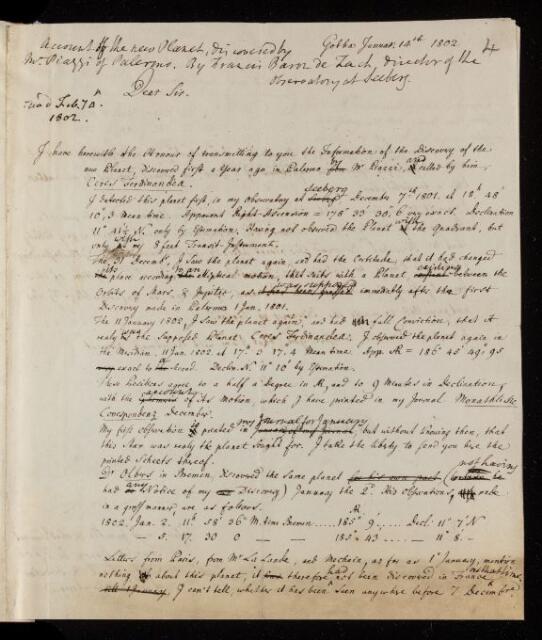 Letter, 'Observations at Seeberg, Gotha of Piazzi's new planet, Ceres ...