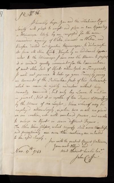 Letter, 'With the gift of a microscope for viewing water animals' from ...