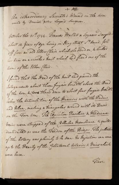 Paper, 'The cure of a lacerated wound in the arm' by Daniel Peter ...