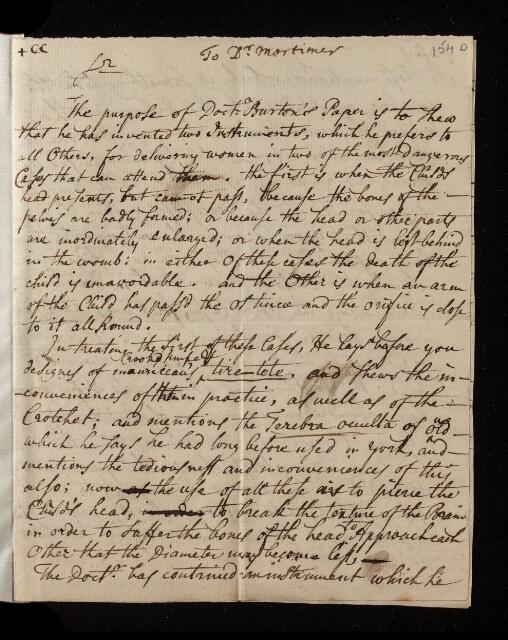 Letter, 'Of Dr Burton's obstetric instruments' from [J D] to Cromwell ...