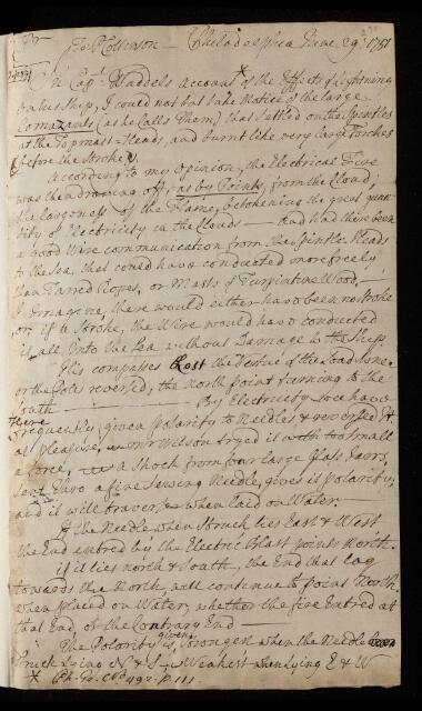 Letter, 'Of the effects of lightning' from Benjamin Franklin to Peter ...