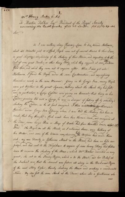 Letter, 'Of the earthquake felt in London' from Henry Baker to Martin ...