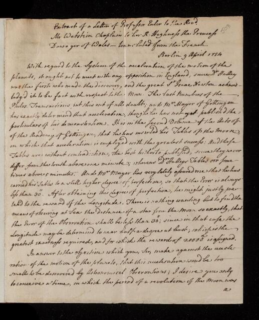 Letter, 'The acceleration of the motion of the planets' from Leonhard ...
