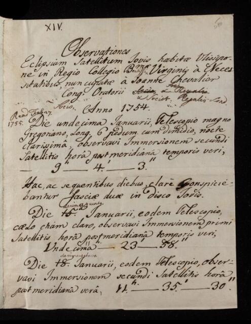 Paper, 'Observations of the eclipses of Jupiter's satellites in 1754 ...