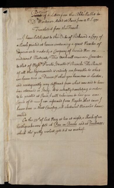 Letter, 'Of medicinal electricity' from Jean A Nollet to Cromwell ...