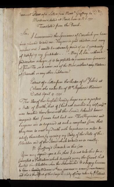 Letter, 'Of Mrs Stephens medicines' from Claude Joseph Geoffroy to ...
