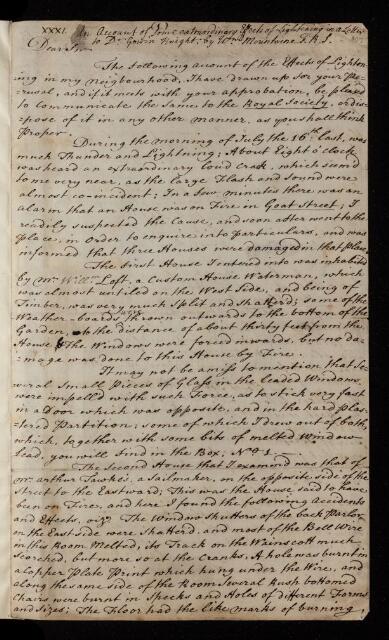 Letter, 'Extraordinary effects of lightning' from William Mountaine to ...