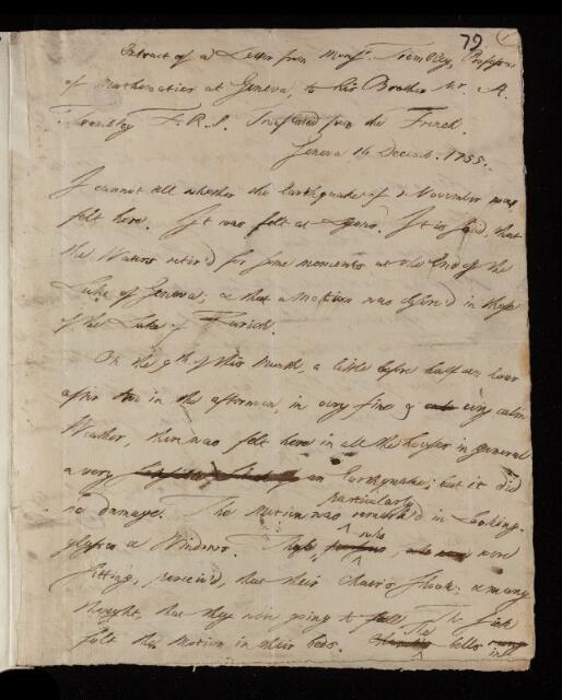 Letter, 'Of the earthquake of Nov 1 as felt at Geneva' from Trembley to ...