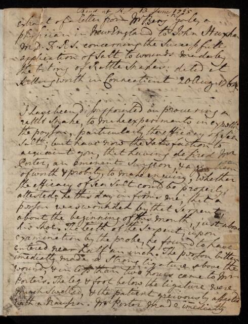 Letter, 'On the treatment of snake-bite with salt' from Benjamin Gale ...