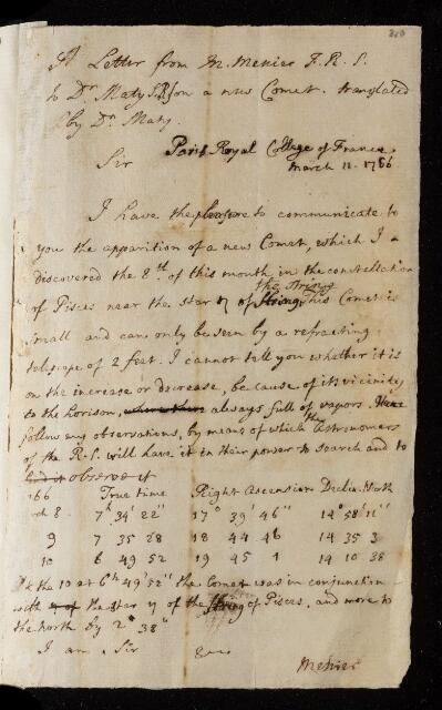Letter, 'Of two new comets' from Charles Messier to the Royal Society ...