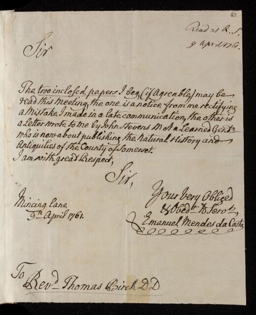 Letter, 'Of an uncommon phenomenon; a correction' from John Stevens to ...