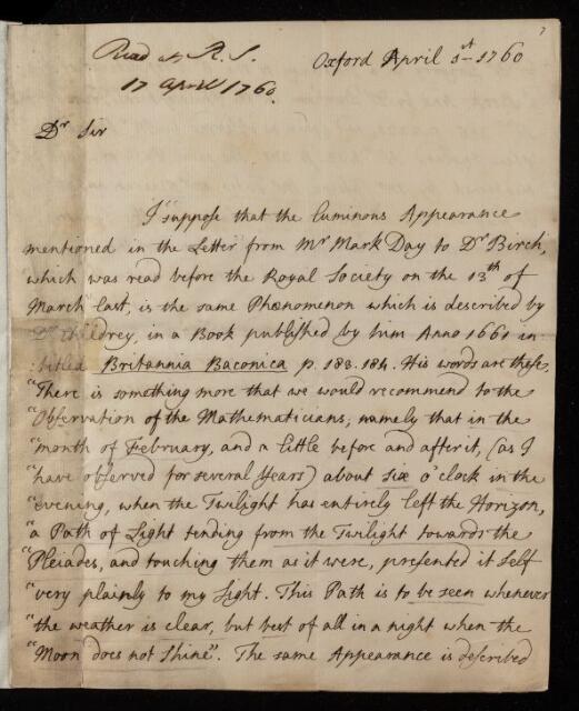 Letter, 'Of Mark Day's letter on the comet or aurora of March 10 1760 ...