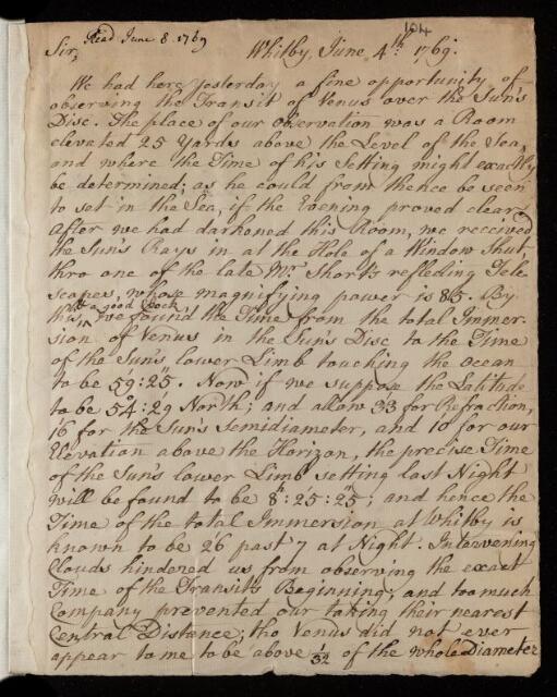 Letter, 'On the transit of Venus' from Lionel Charlton to John Bevis ...