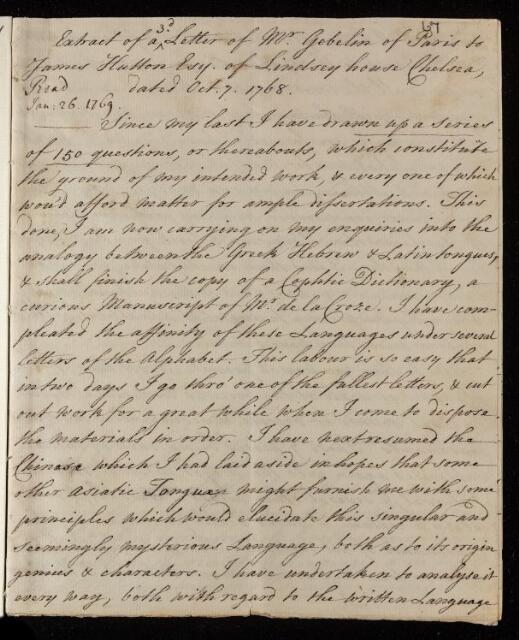 Letter, 'Of the analogy between the Greek, Hebrew and Latin tongues ...