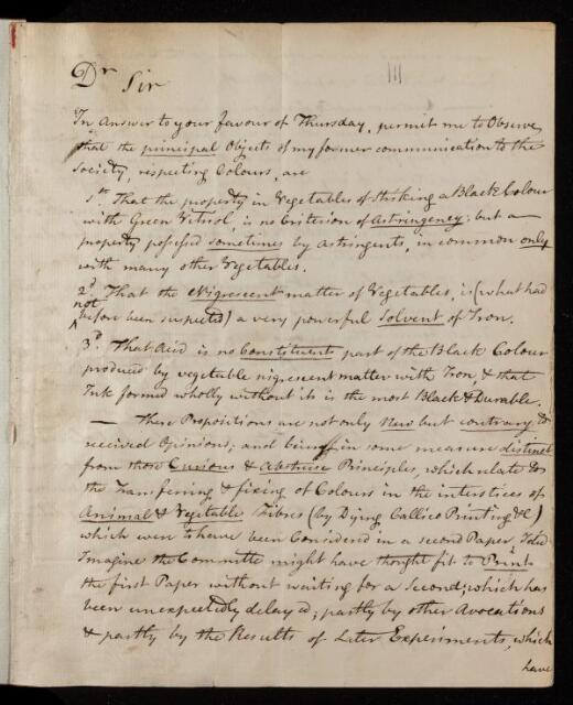 Letter, 'Note on nigrescent vegetables' from Edward Bancroft to John ...