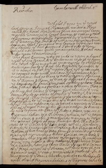 Letter, 'Description of a cavern near Plymouth' from John Corham Huxham ...