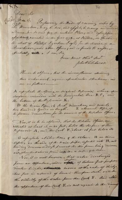 Letter, 'Of a machine for raising water in use at Culton in Cheshire ...