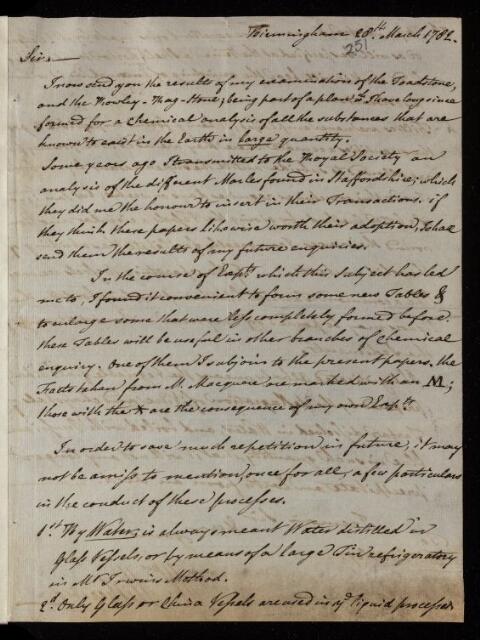 Letter, 'Analyses of toadstone and Rowley rag' from Joseph Priestley on ...