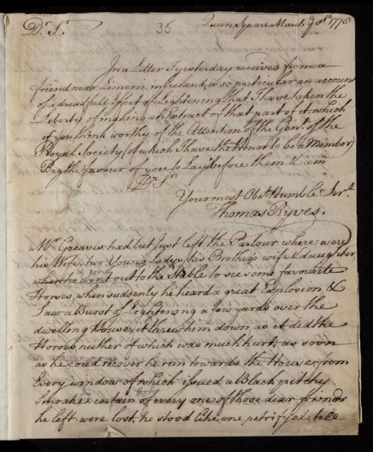 Letter, 'Effects of lightning at Tralee' from Thomas Ryves to Watson ...