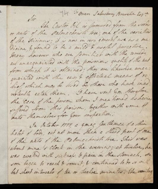 Letter, 'The poisonous quality of the Palmi Christi nut' from Matthew ...