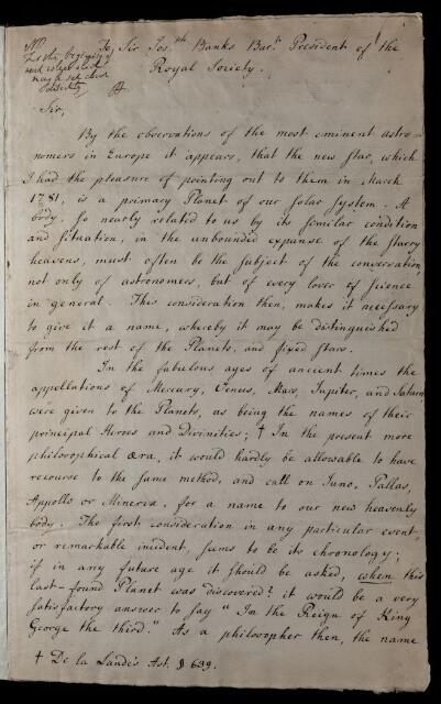 Letter, The name of a new planet [Uranus] is announced as Georgium ...